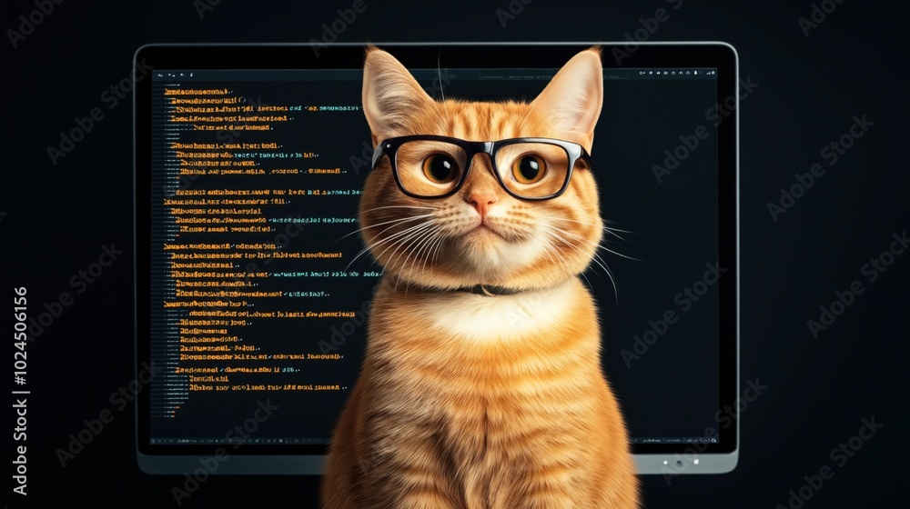 Orange tabby cat wearing glasses sitting in front of a computer screen ...