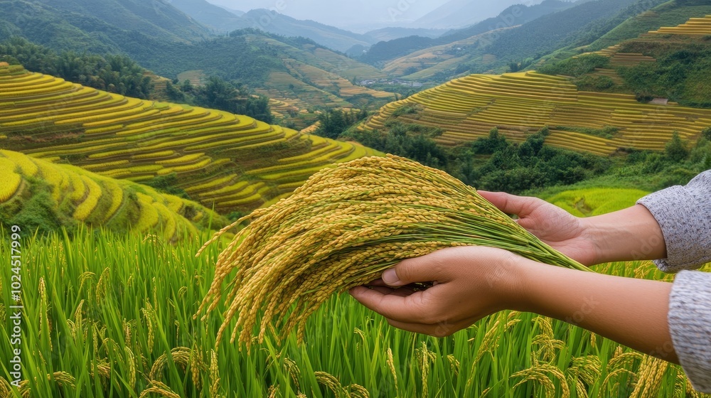 Two farmers holding hands in a golden rice field, with the harvest in ...