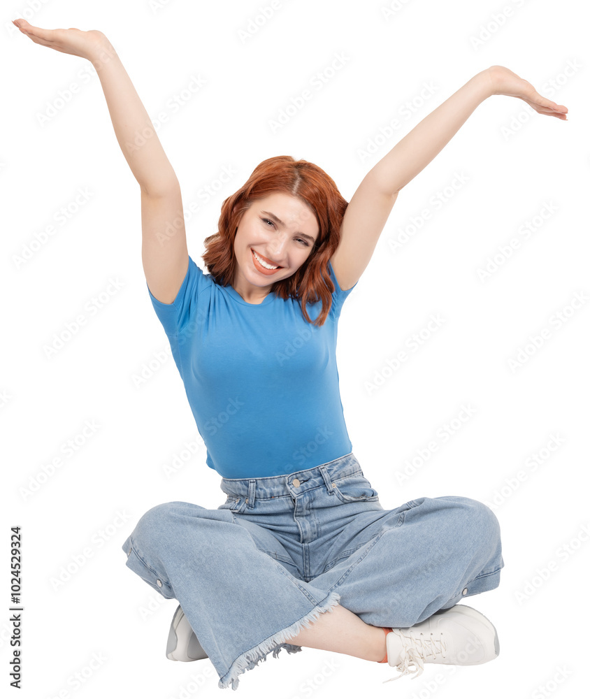 Excited happy woman, full body length caucasian 20s red bob hair ...