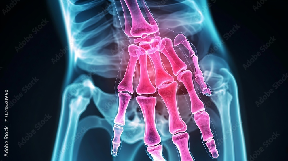Detailed X-ray of finger joints, pain regions highlighted in bright ...