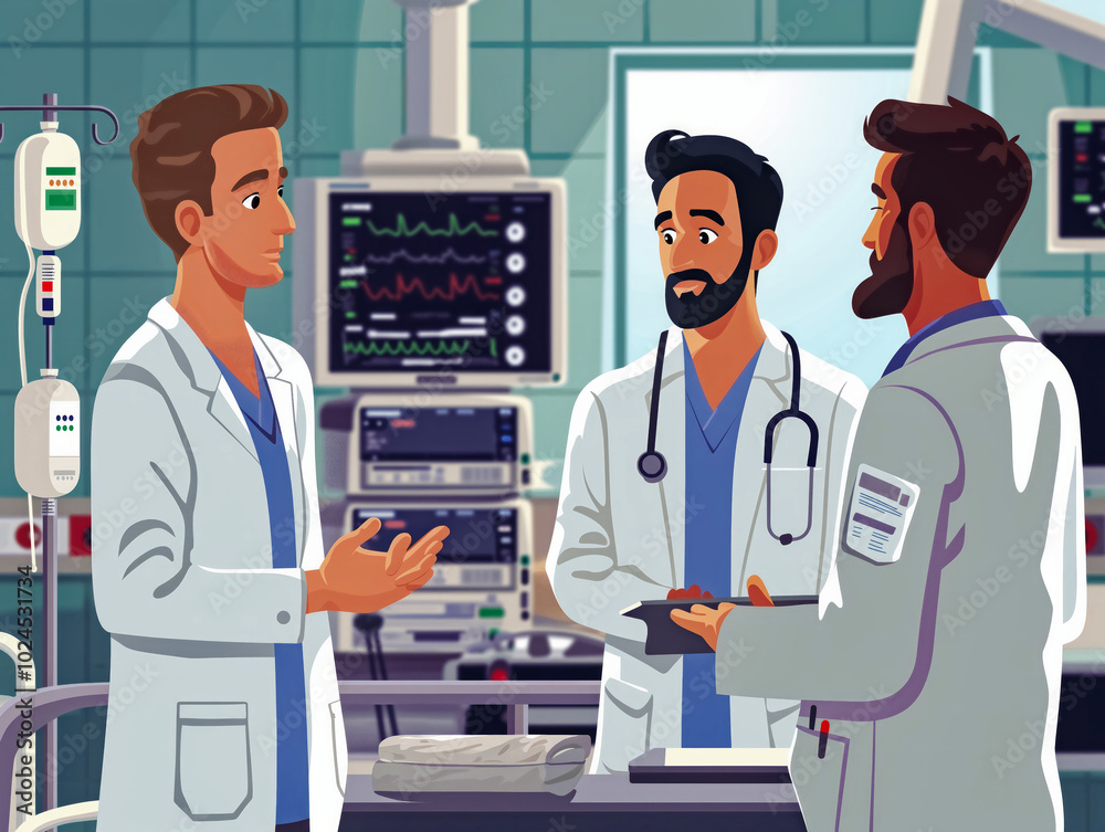 Three doctors are standing in a hospital room, discussing a patient's ...