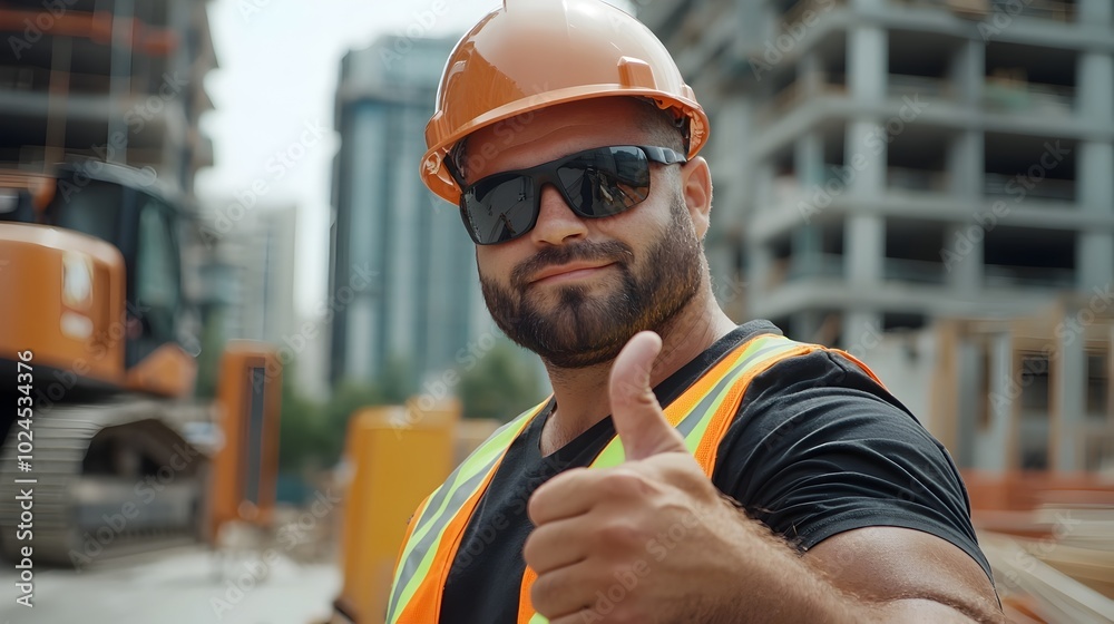 Confident construction worker in safety gear such as hardhat and ...