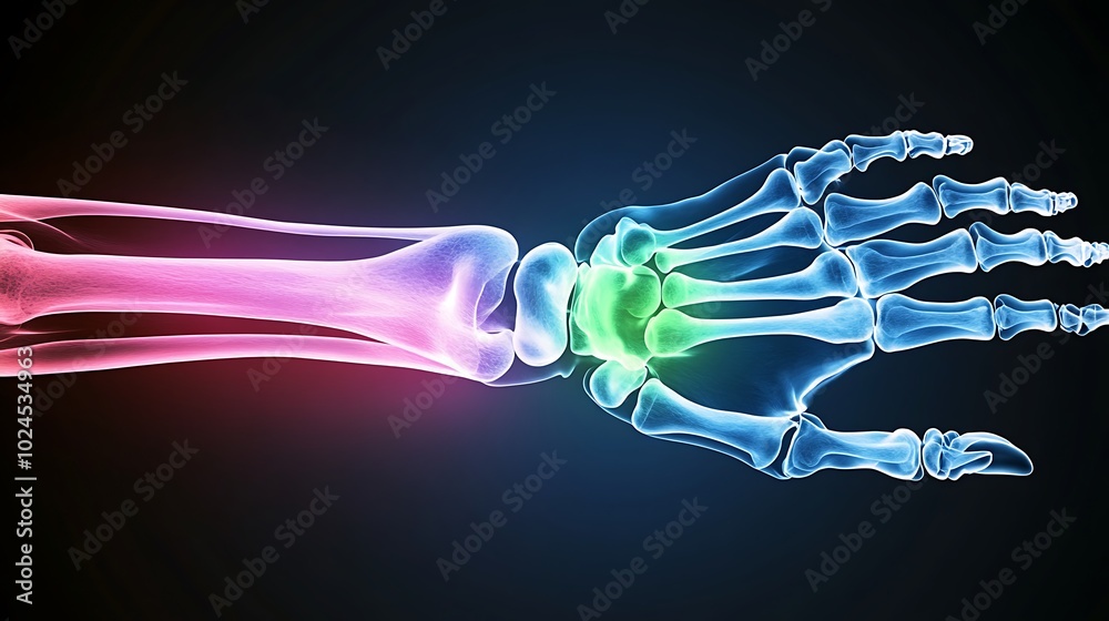 Finger joint X-ray, pain areas depicted with bright green glow ...