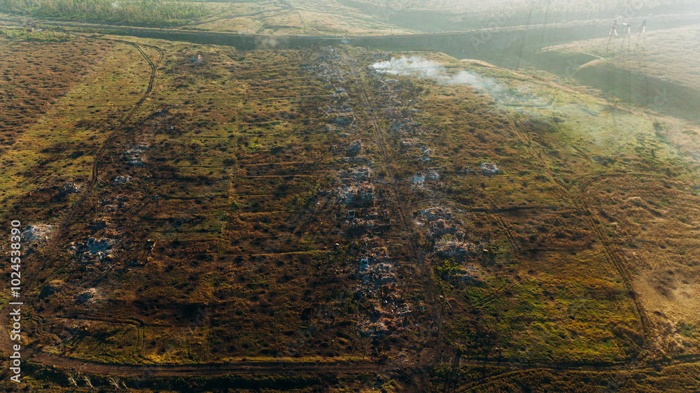 Battlefield view from above. Bomb craters on the ground. Lunar ...