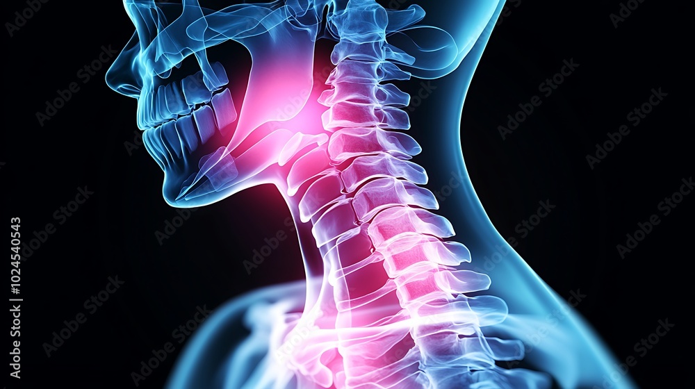 Neck joint X-ray, pain area depicted with intense purple light ...