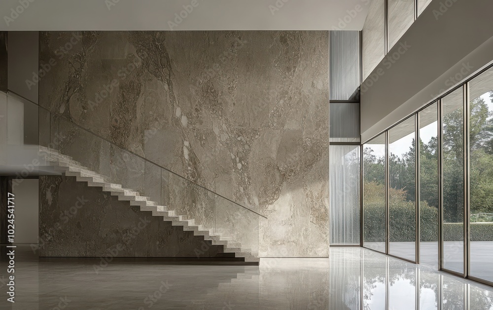 Side view of an open interior space featuring a striking marble wall ...