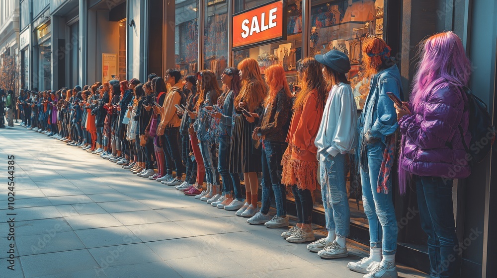 A crowd of people lined up in a long line on the street and wait for ...