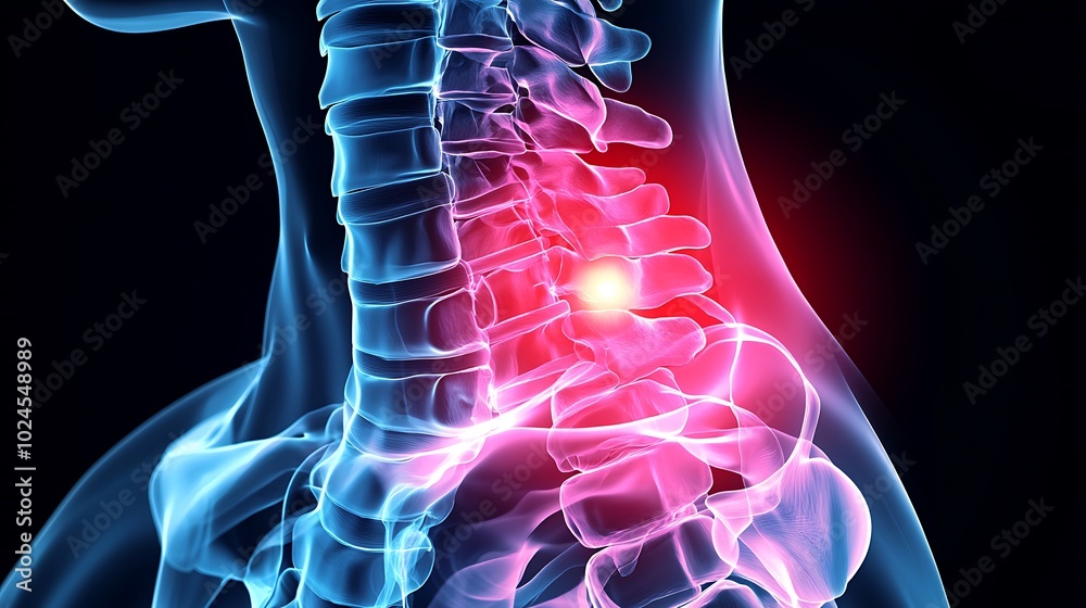 X-ray of neck joint, pain region highlighted with vivid red glow ...