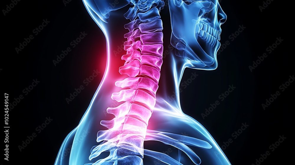 X-ray of neck joint, pain zone highlighted with bright purple gradient ...