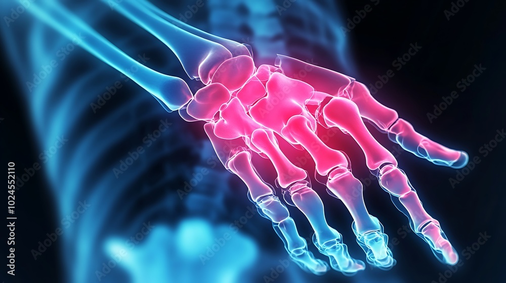 X-ray of wrist joint, pain zones highlighted with bright pink gradient ...