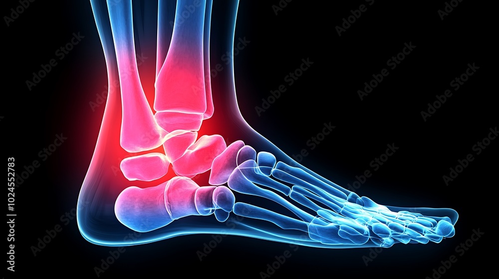Ankle joint X-ray, pain area depicted with a vivid red glow, clear bone ...