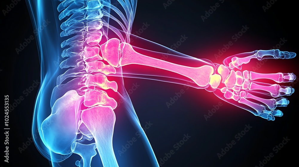 X-ray of wrist joint, pain areas highlighted with bright pink glow ...