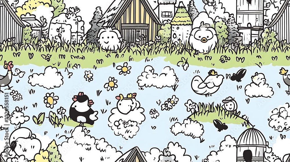 A dynamic farm life-themed pattern featuring rustic barns, silos ...