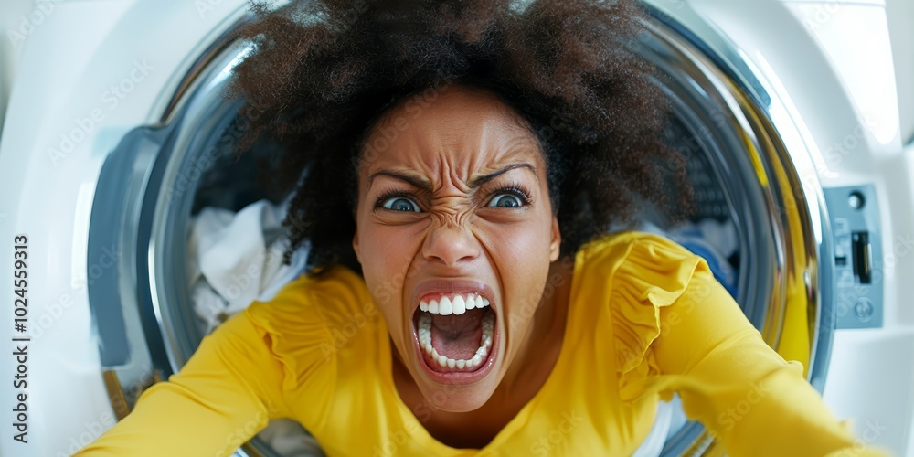 Frustrated Black woman expressing anger while doing laundry in a ...