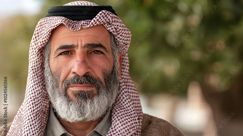 A Middle Eastern man wearing traditional clothing including a keffiyeh ...
