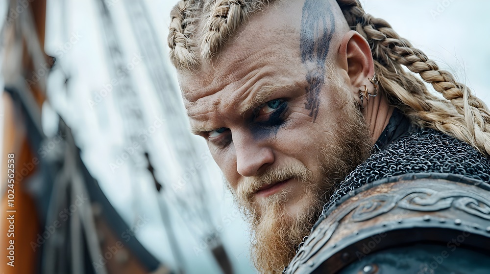Fierce And Courageous Viking Warrior With Braided Hair And Horned
