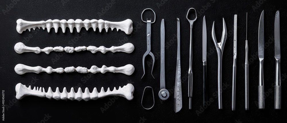 An arrangement of bone models and surgical tools on a black background ...