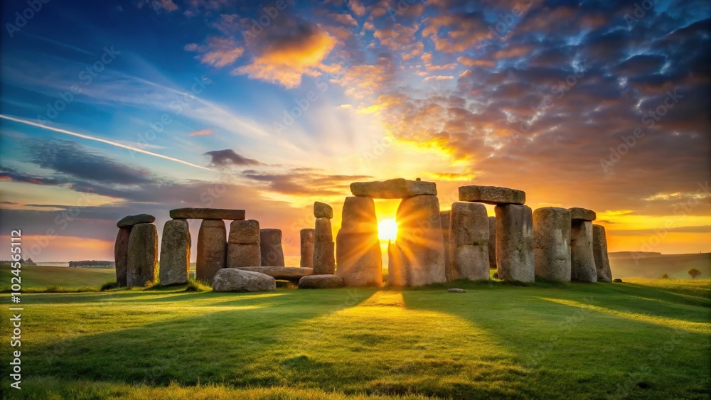Summer Solstice sunrise and sunset glow over Stonehenge stones and ...