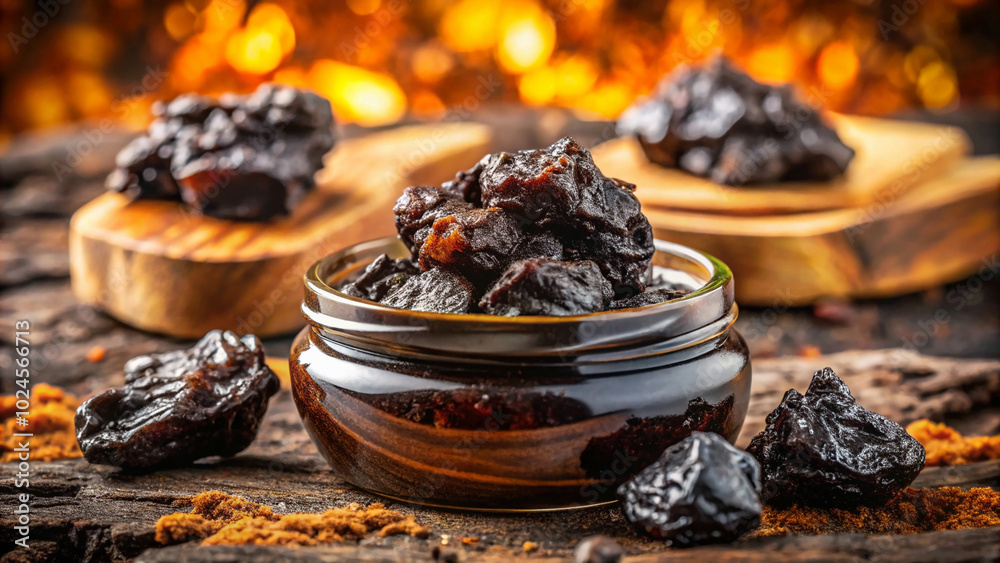 jar of raw shilajit, a potent Ayurvedic herb, surrounded by its natural ...