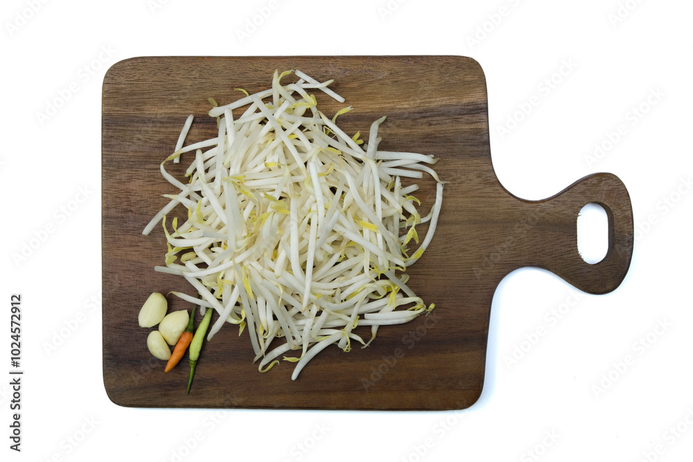 Heap of bean sprout, garlic cloves and fresh bird's eye chillies on ...