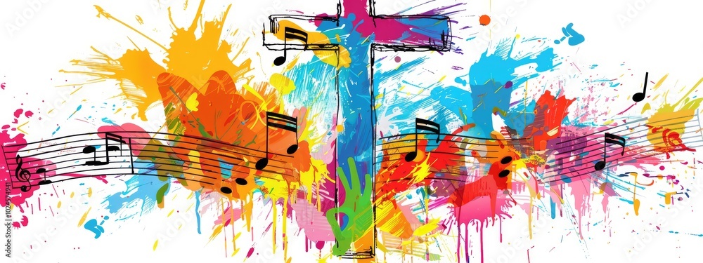 Colorful Christian Cross and Music Notes with Hands Glorifying God ...