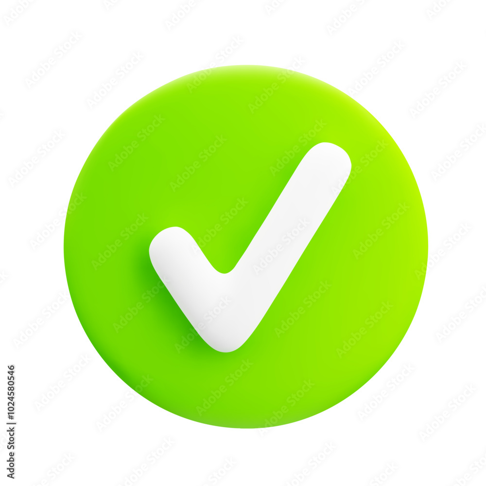 3d Cartoon Bright Green Circular Check Mark Icon On White Background Design Element For