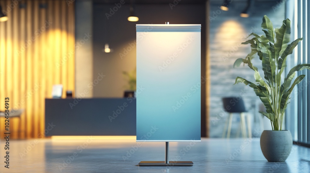 Blank roll up banner standing in modern office with reception desk and ...