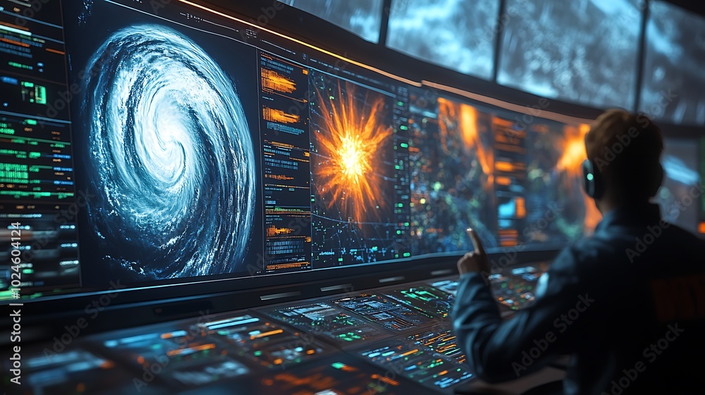 Forecasters analyzing predictive models of weather conditions in a ...