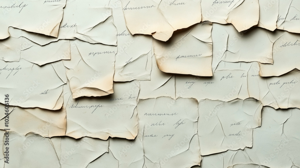 Overlapping aged paper sheets with handwriting in a layered and ...