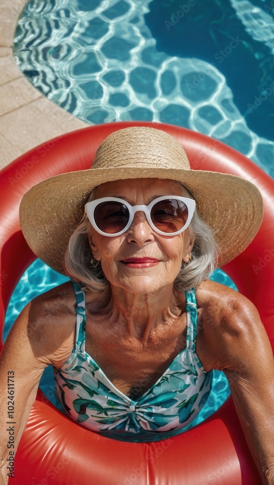 Older woman floating on inflatable ring in swimming pool wearing sun ...
