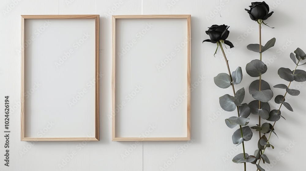Two wooden frames mockup with black roses and eucalyptus branches ...