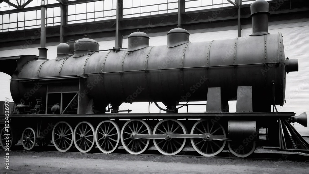 Vintage Steam Locomotive in Industrial Warehouse: A classic black-and ...