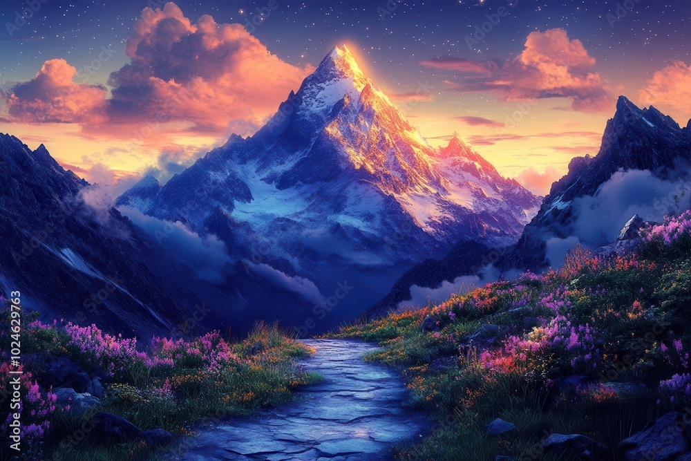 whimsical illustration of a winding path leading to a fantastical ...