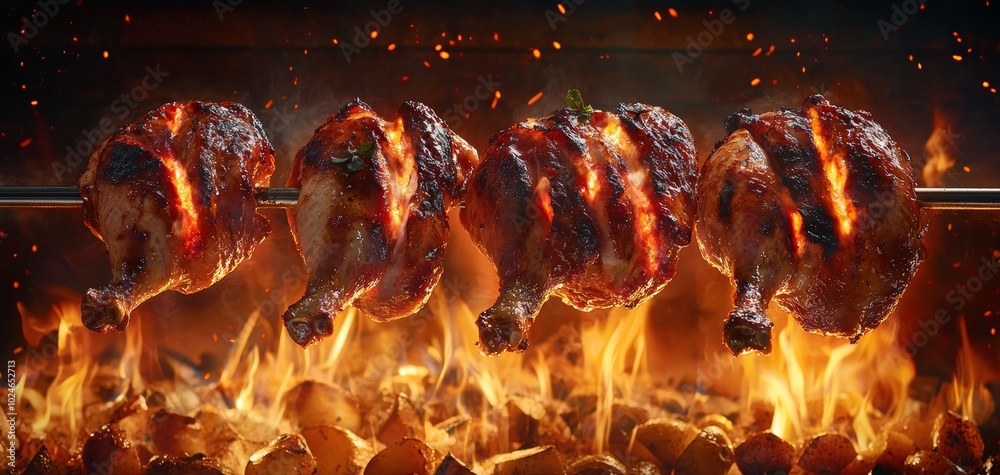 Grilled chickens rotating on a spit, flames rising below with potatoes ...