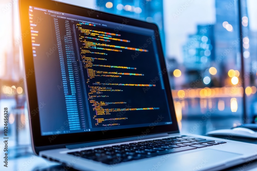 Detailed code view on a brightly lit monitor, multi-colored syntax ...