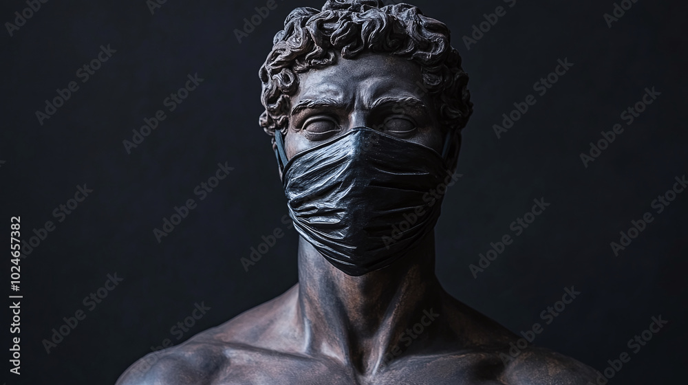 A classical sculpture of a man with a mask over his mouth, emphasizing ...