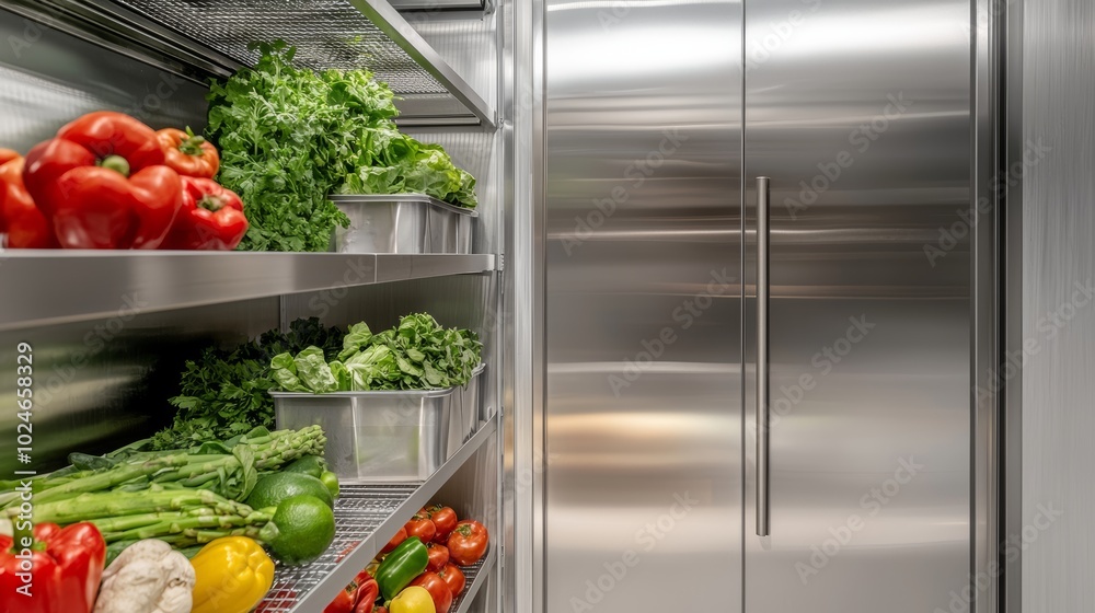 Industrial walk-in refrigerator filled with neatly stacked fresh ...