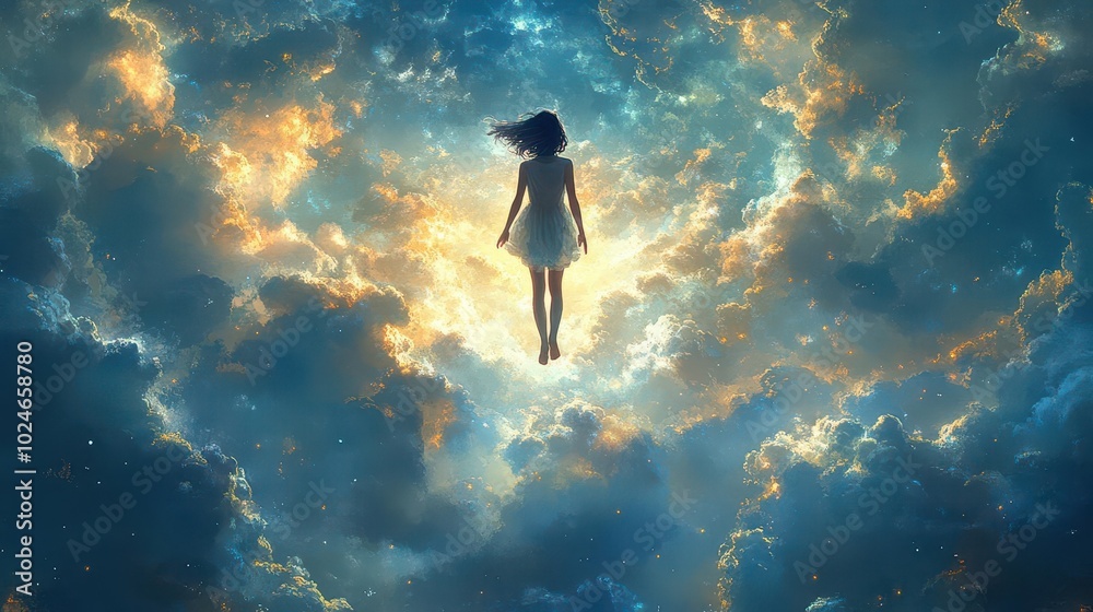 young girl floating in thick fluffy clouds under a brilliant blue sky ...