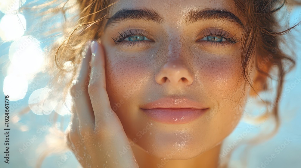 young woman applying sunscreen on her face enjoying a sunny beach day ...