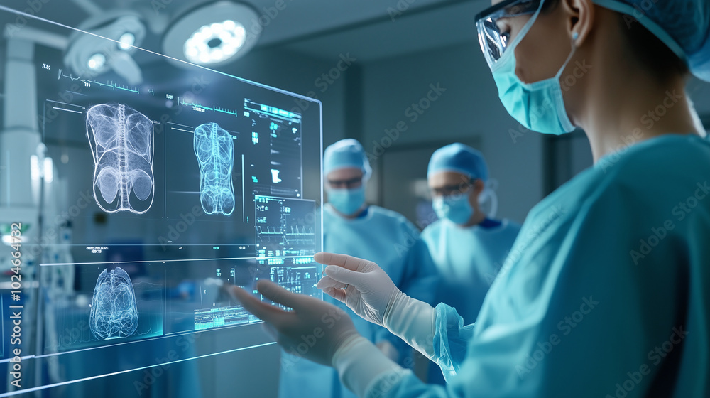 Surgeons in a sleek, advanced operating room equipped with augmented ...