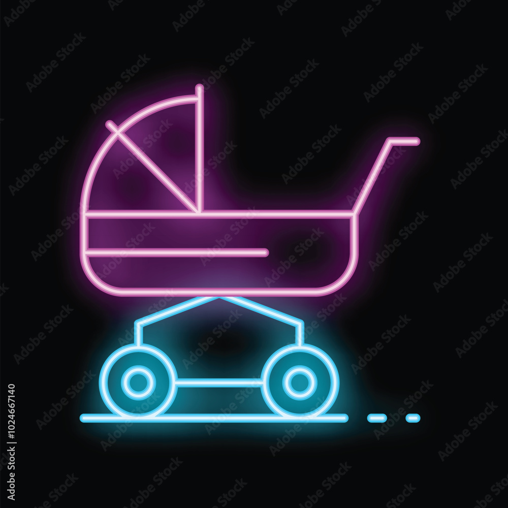 Bright neon baby carriage icon glowing in darkness, representing ...