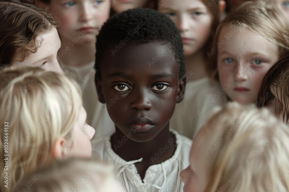 Black African-American child among white-skinned people in a team ...