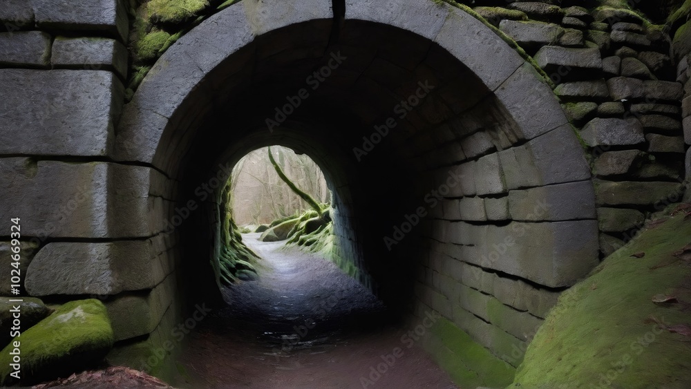 Stone Underground Tunnel with Moss and Natural Light: A rustic ...