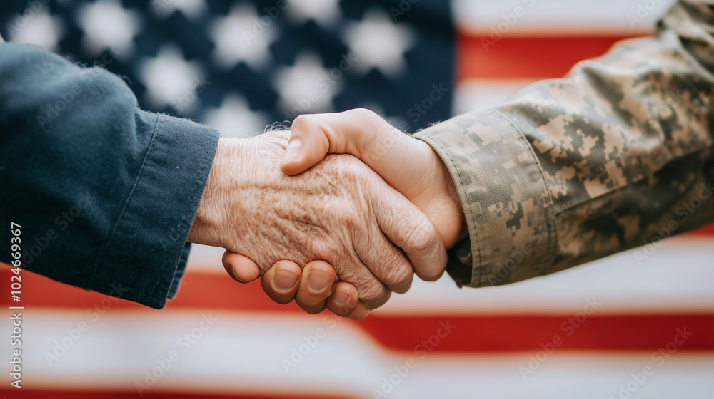 A heartfelt image of an elderly veteran shaking hands with a young ...
