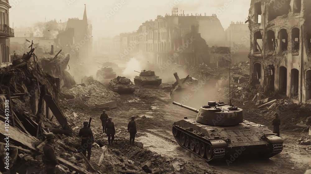 World War II scene with tanks and soldiers in a war-torn city ...