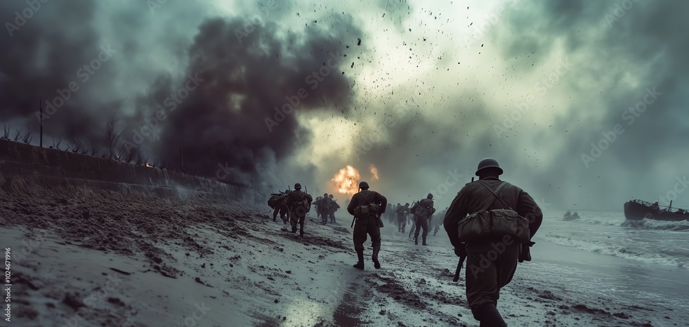 Dramatic wartime scene with soldiers running on beach amidst explosions ...