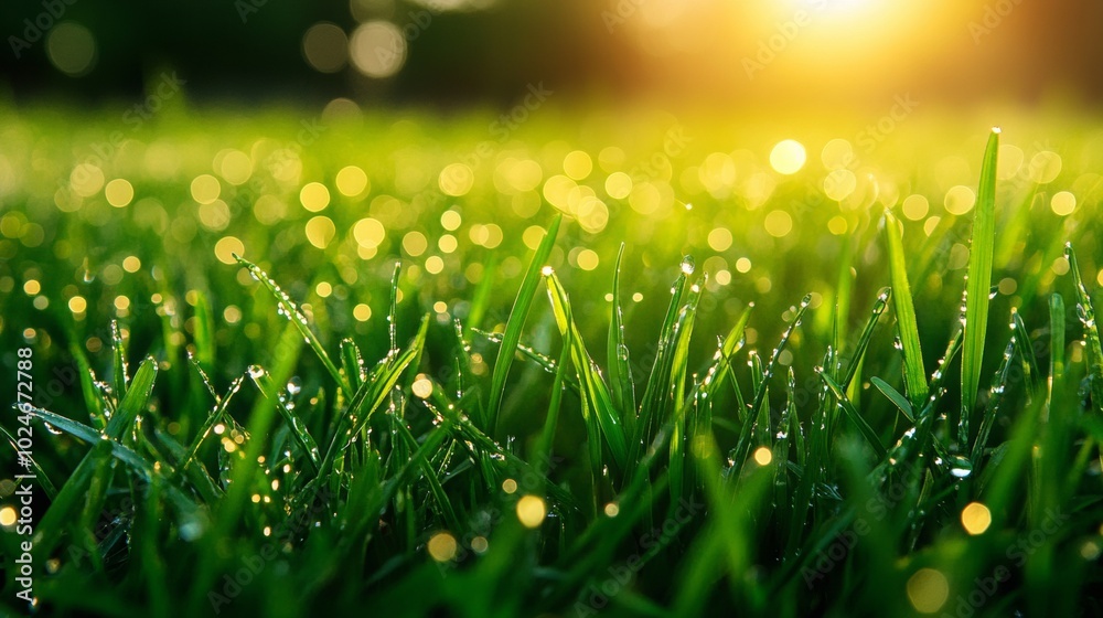Dew-kissed grass glistening in the soft glow of spring sunlight ...