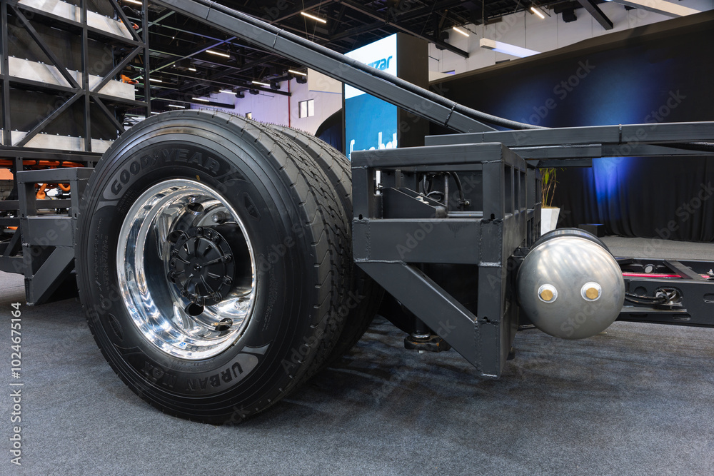 Detail of the rear axle of an electric bus chassis on exhibition at the ...