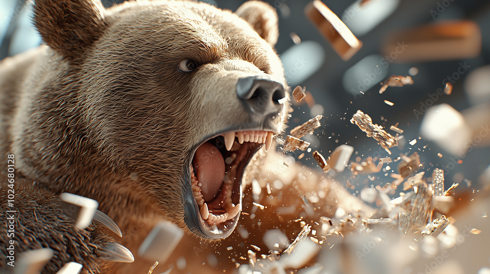 fierce bear roaring with its mouth open, surrounded by flying debris ...
