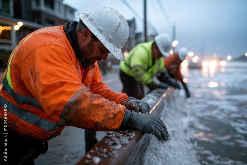 Utility workers in reflective gear labor to combat floodwaters ...